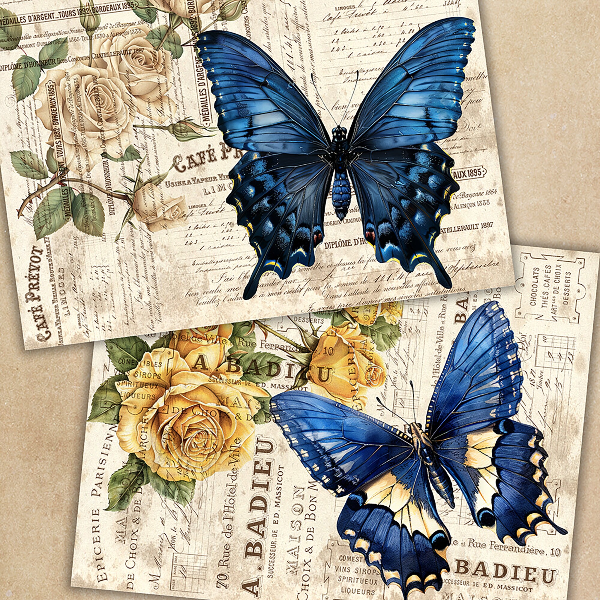 Blue Butterfly Collage Junk Journal Pages, Digital Floral Collage ...
