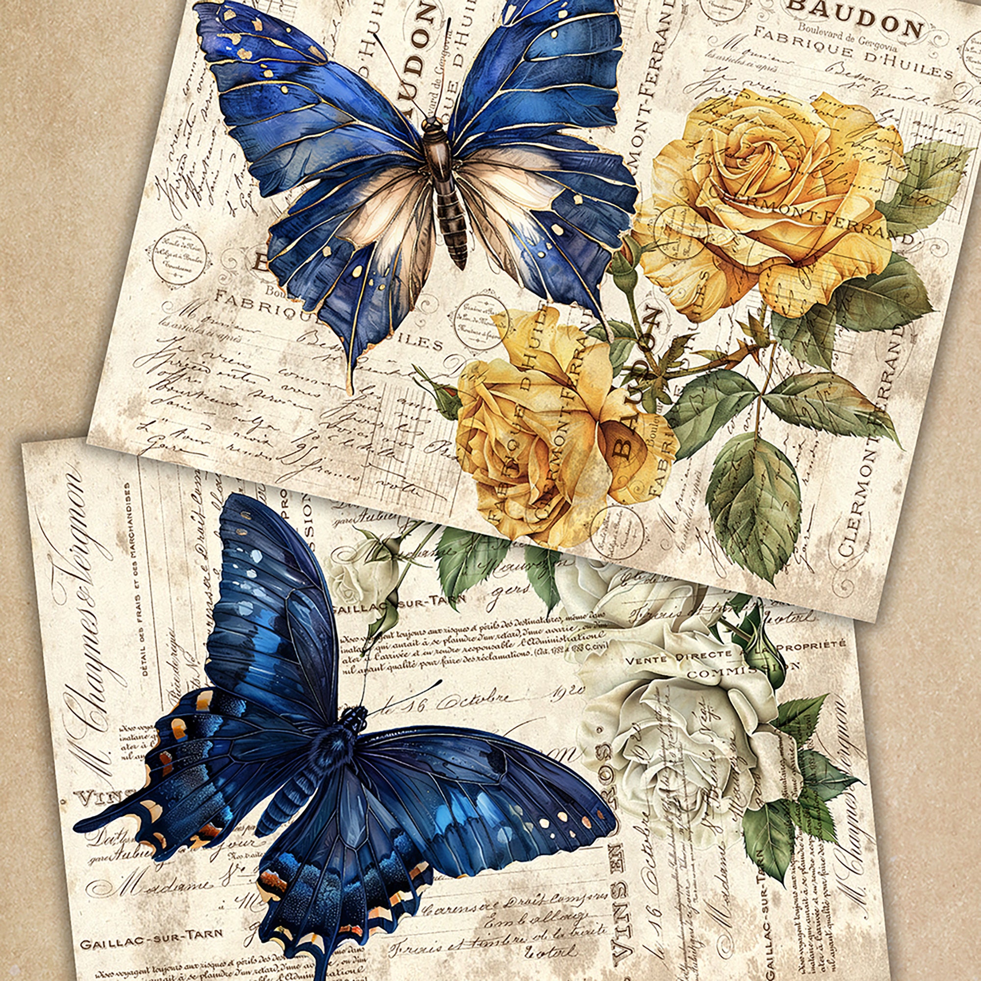 Blue Butterfly Collage Junk Journal Pages, Digital Floral Collage ...