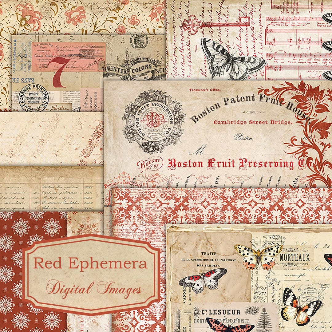 Red Ephemera Papers, Printable Journal, Collage Papers, Printable ...