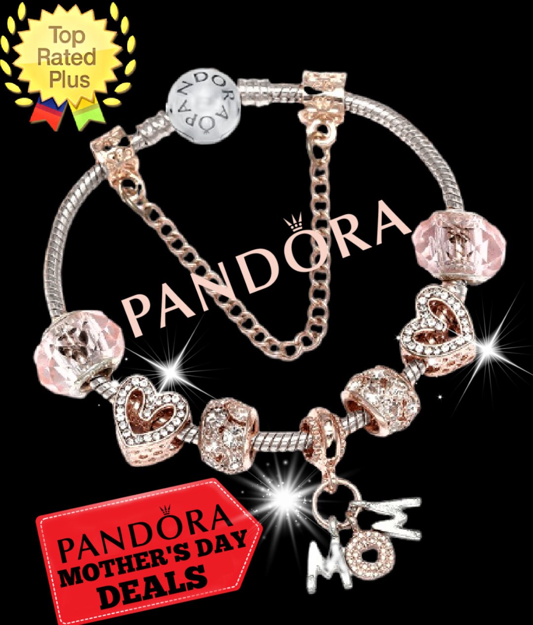 Pandora Charm Bracelet With Mom Mother Day Rhinestone Rose Gold Plated ...