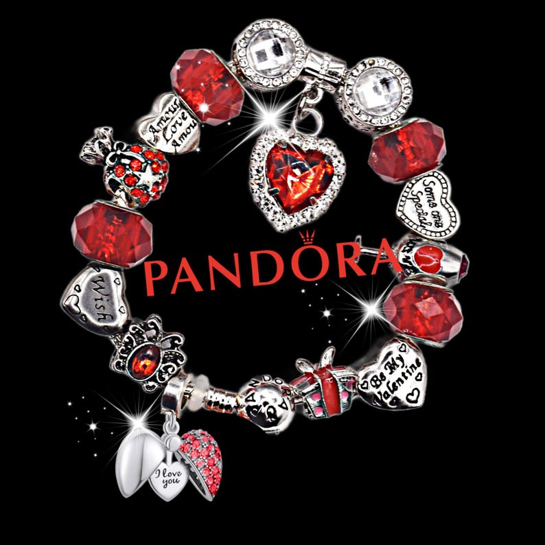 Pandora Sterling Silver Bracelet, Red Heart Charms, Love Theme - Etsy