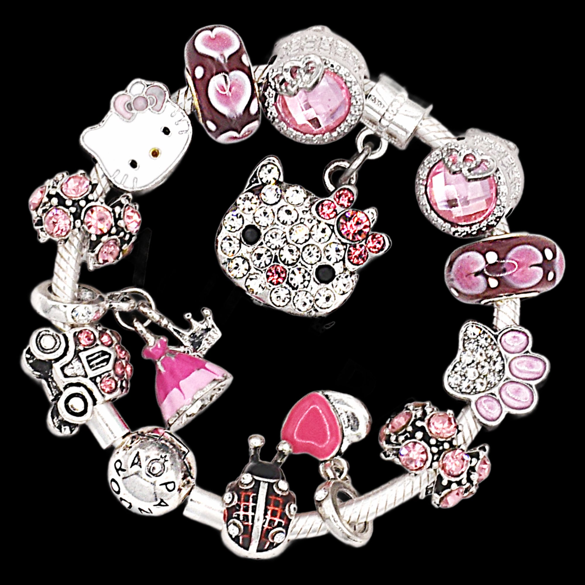 Pandora Bracelet With Hello Kitty Themed Charms Hearts Rhinestone Kitty ...