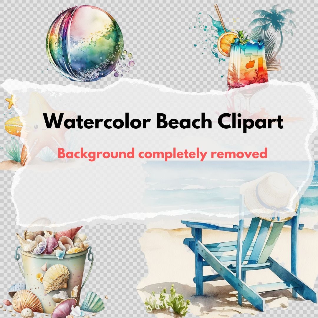 Watercolor Beach Clipart Bundle Png-format Beach Clipart Bundle Beach ...