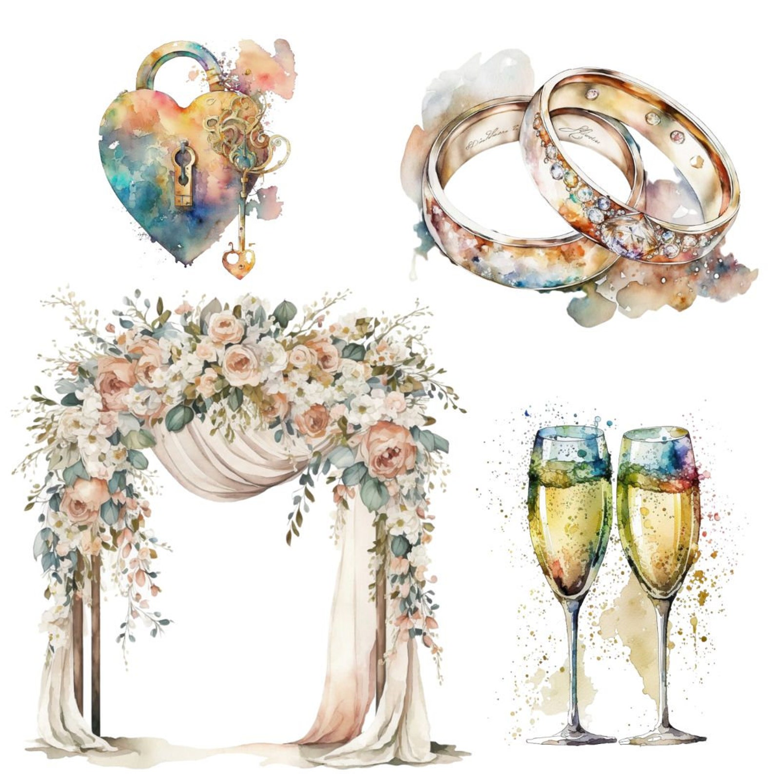 Watercolor Wedding Clipart Bundle Png-format Wedding Watercolor Clipart ...