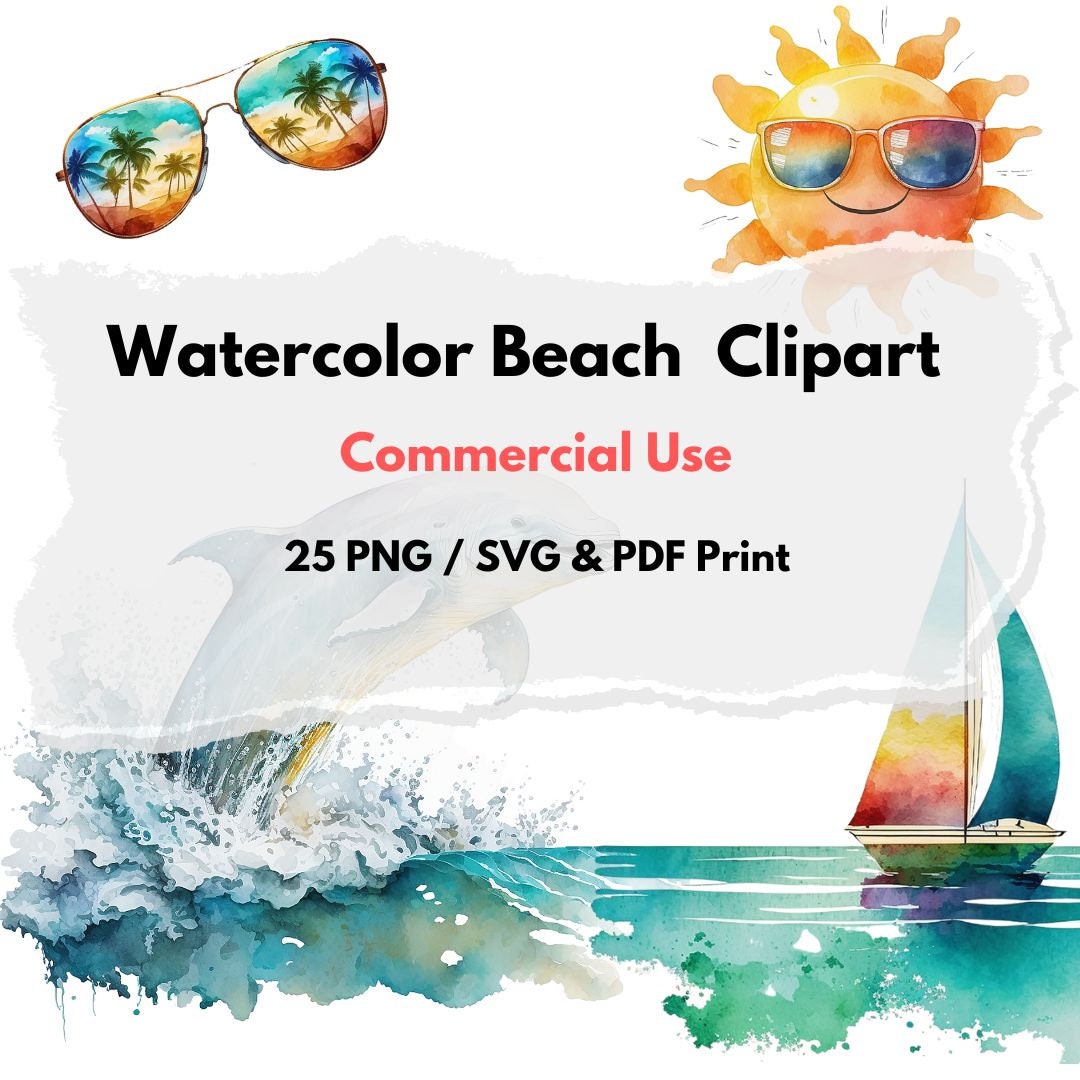 Watercolor Beach Clipart Bundle Png-format Beach Clipart Bundle Beach ...