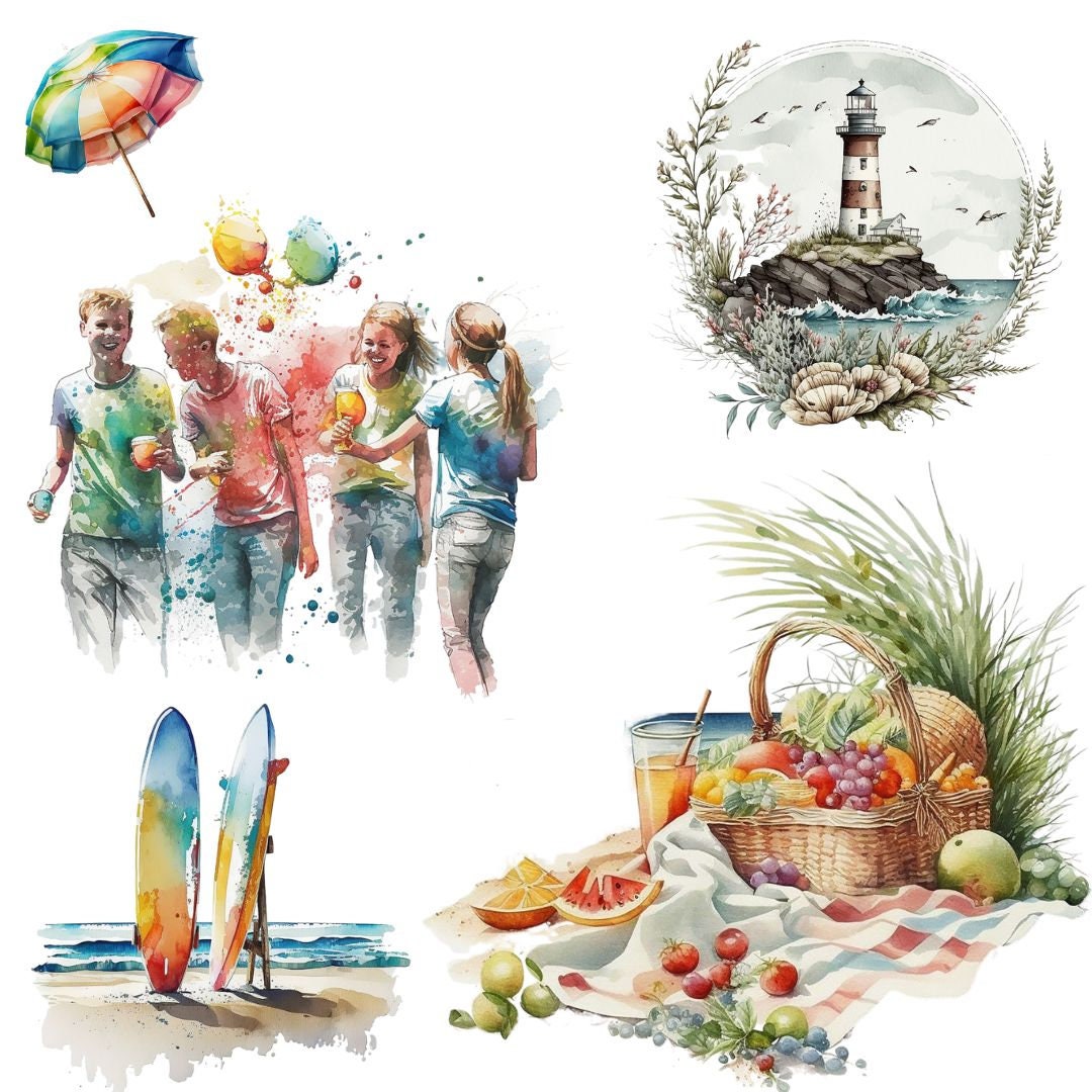 Watercolor Beach Clipart Bundle Png-format Beach Clipart Bundle Beach ...