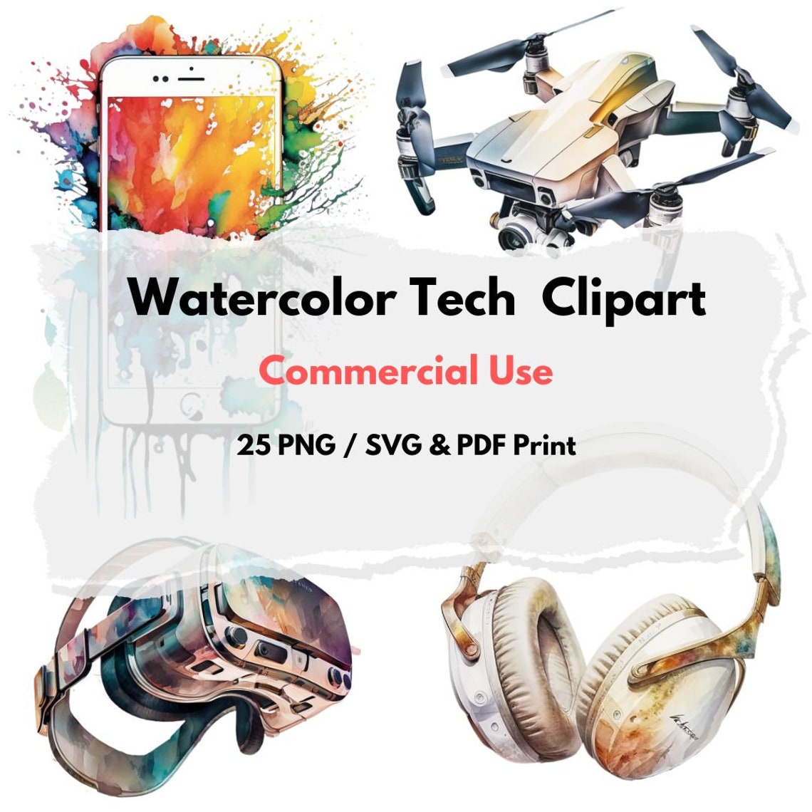 Watercolor Tech Clipart Bundle Png-format Electro Clipart Bundle Phone ...