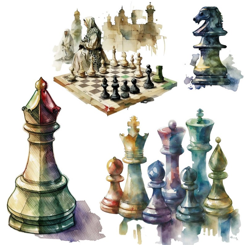 Watercolor Chess Clipart Bundle Png-format Chess Watercolor Clipart ...