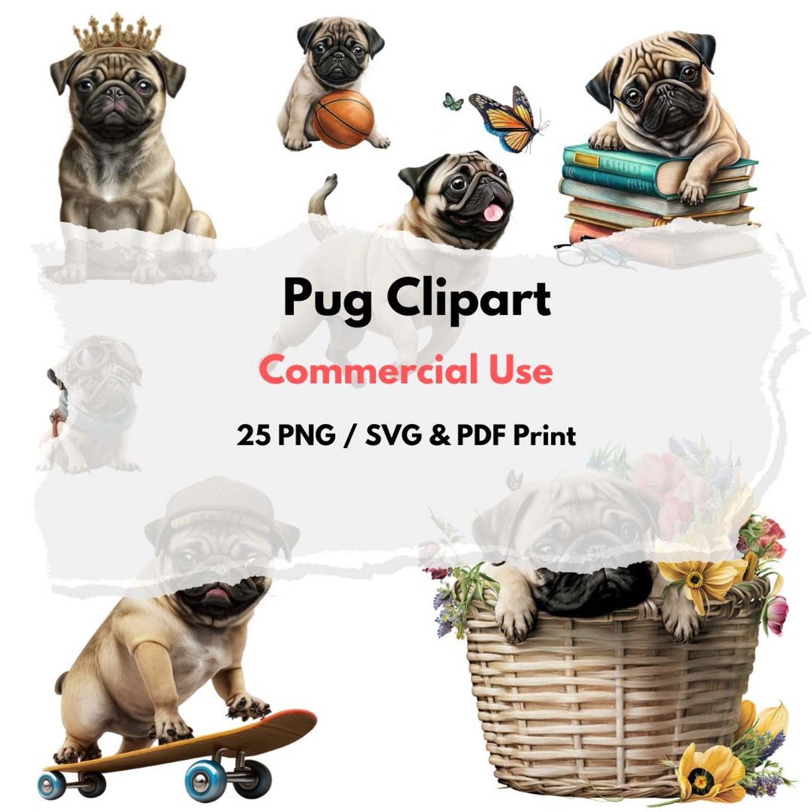 Pug Clipart Bundle Png-format Dog Clipart Bundle Pug Watercolor Clipart ...