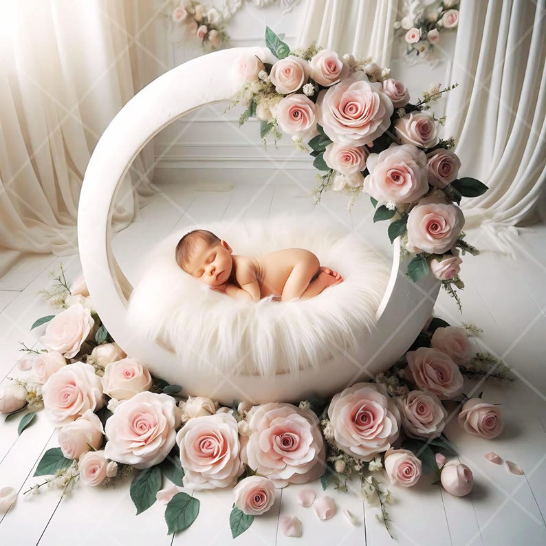 Newborn Digital Backdrop, Baby Girl Cream Flower Bed, Fine Art ...