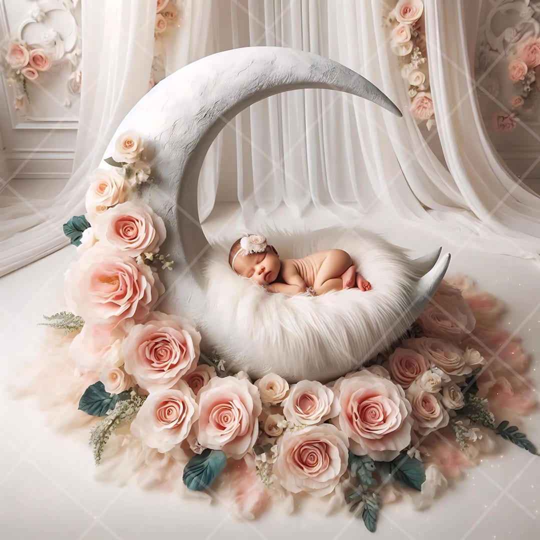 Newborn Digital Backdrop, White Crescent Moon, Baby Boy Girl, Moon Star ...