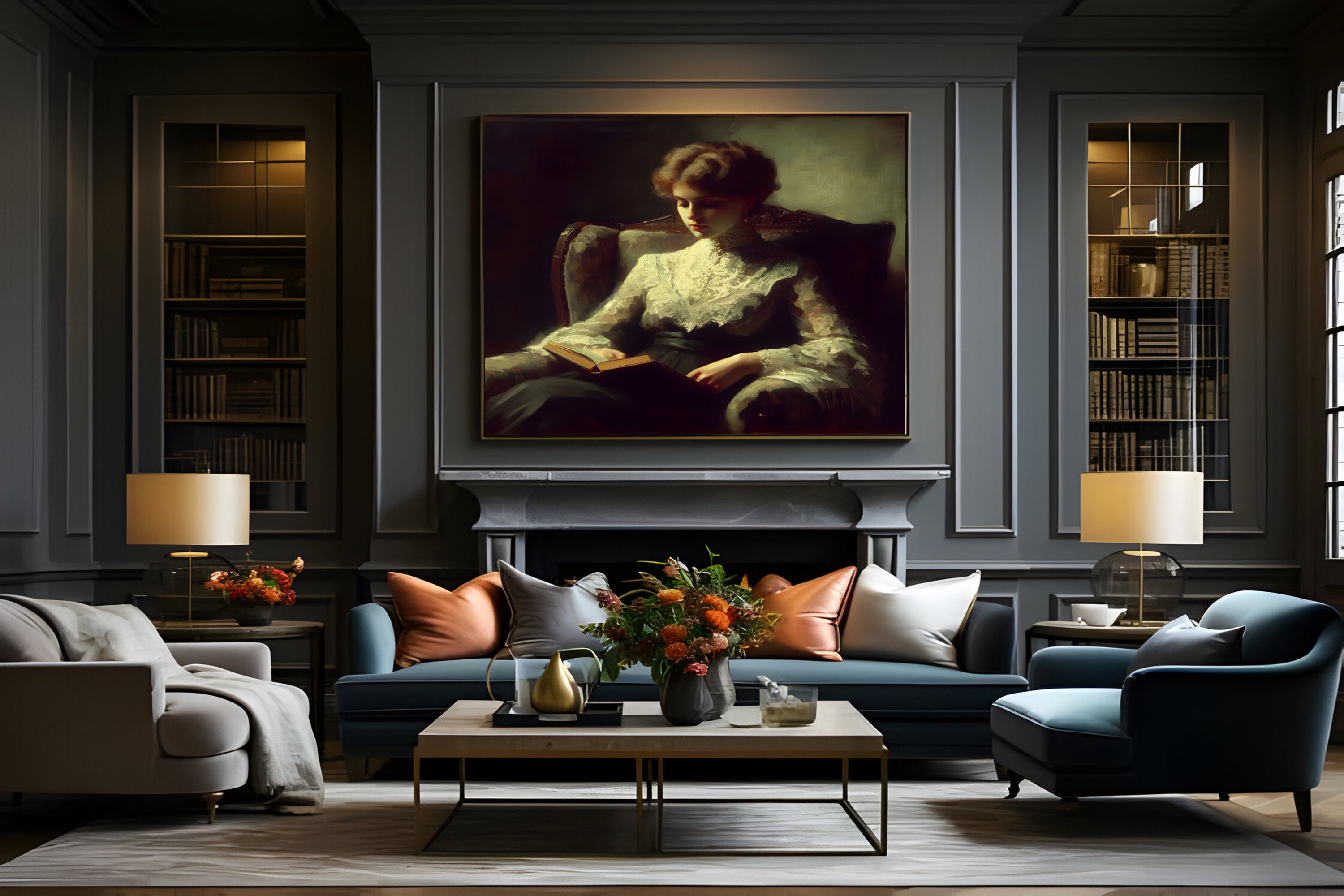 Woman Reading Art, Reading Wall Art, Book Lovers Gifts, Dark Portrait ...