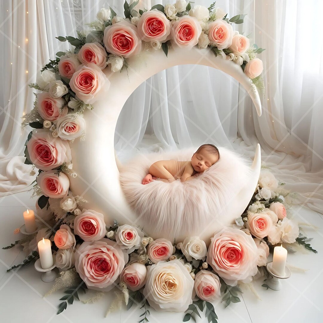 Newborn Digital Backdrop, White Crescent Moon, Baby Boy Girl, Moon Star ...