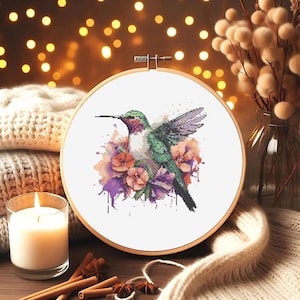 Hummingbird Cross Stitch Pattern, Hummingbird With Flowers, Watercolor ...