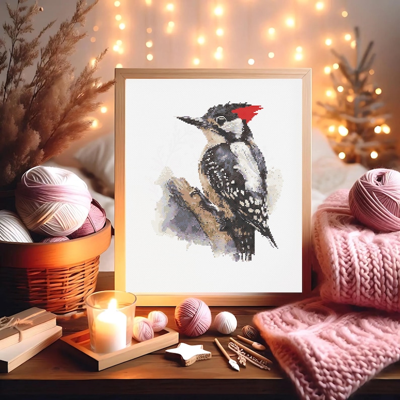 Woodpecker Cross Stitch Pattern, Bird Cross Stitch Pattern PDF, Woodland Woodpecker, Watercolor ...