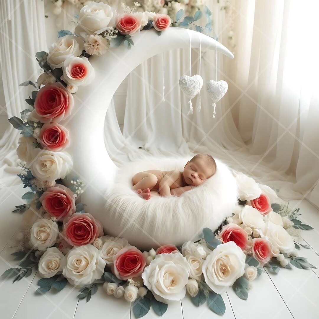 Newborn Digital Backdrop, White Crescent Moon, Baby Boy Girl, Moon Star ...