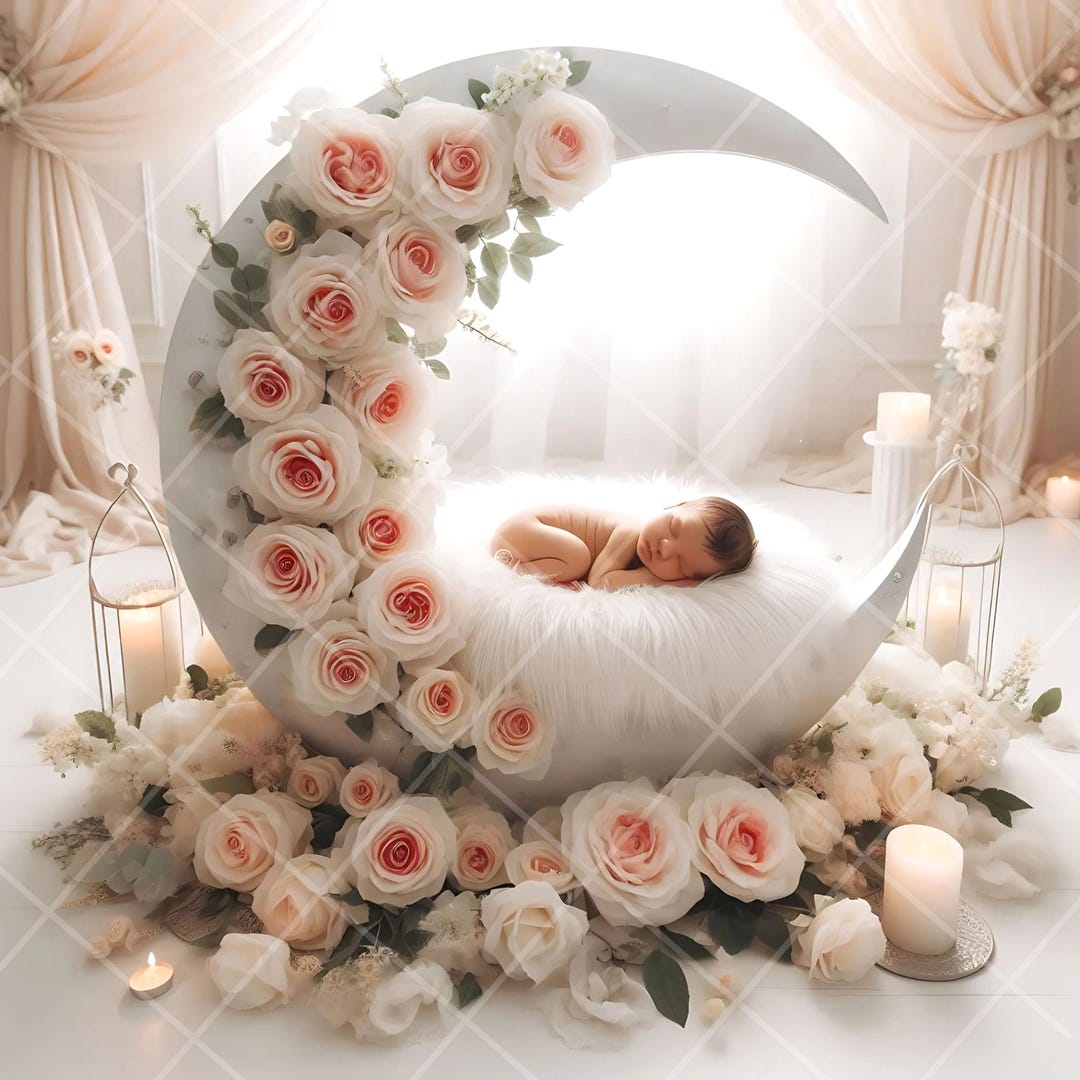 Newborn Digital Backdrop, White Crescent Moon, Baby Boy Girl, Moon Star ...