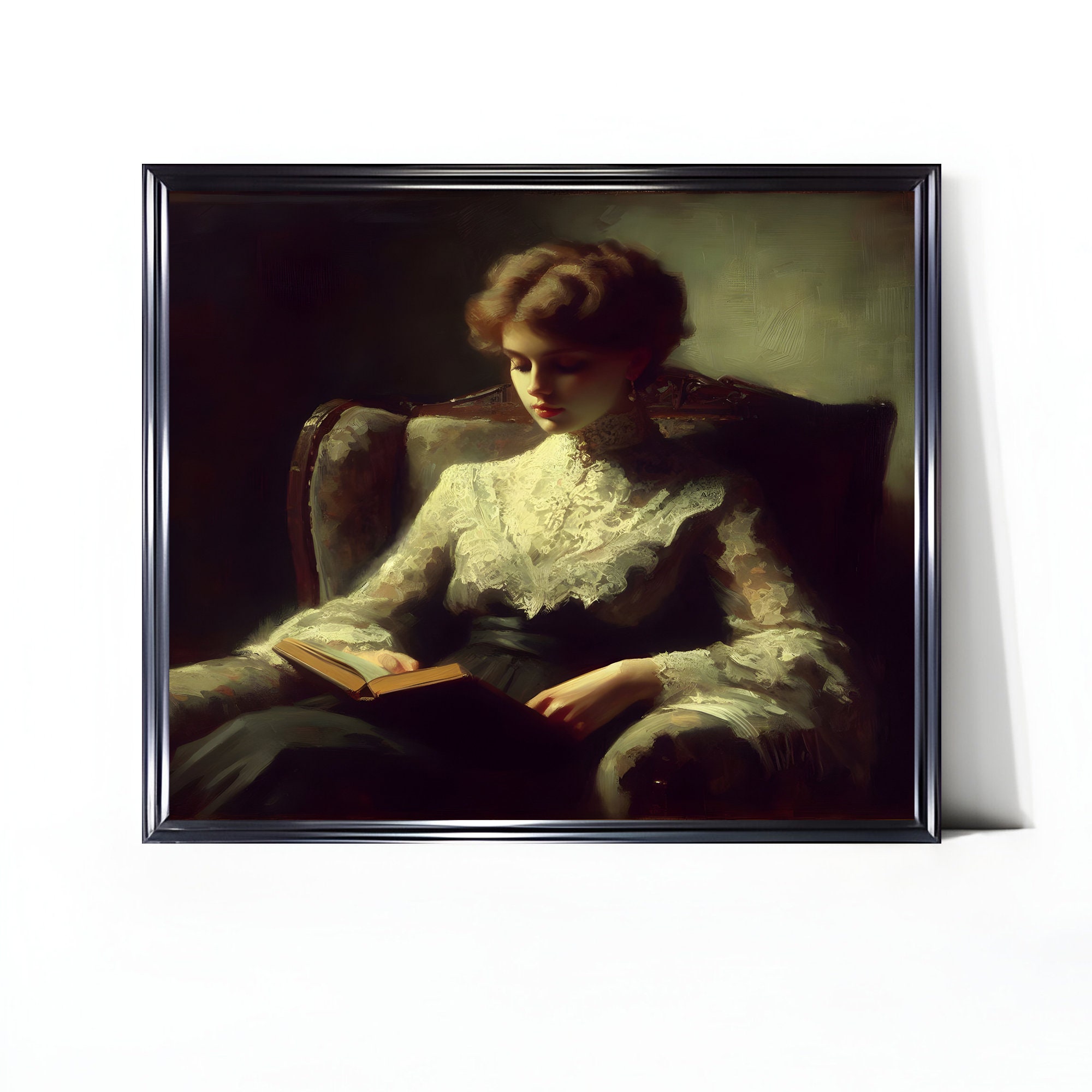 Woman Reading Art, Reading Wall Art, Book Lovers Gifts, Dark Portrait ...