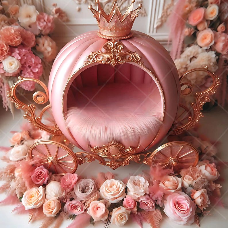 Newborn Digital Background, Pink Princess Cart, Flower Pram, Fine Art ...