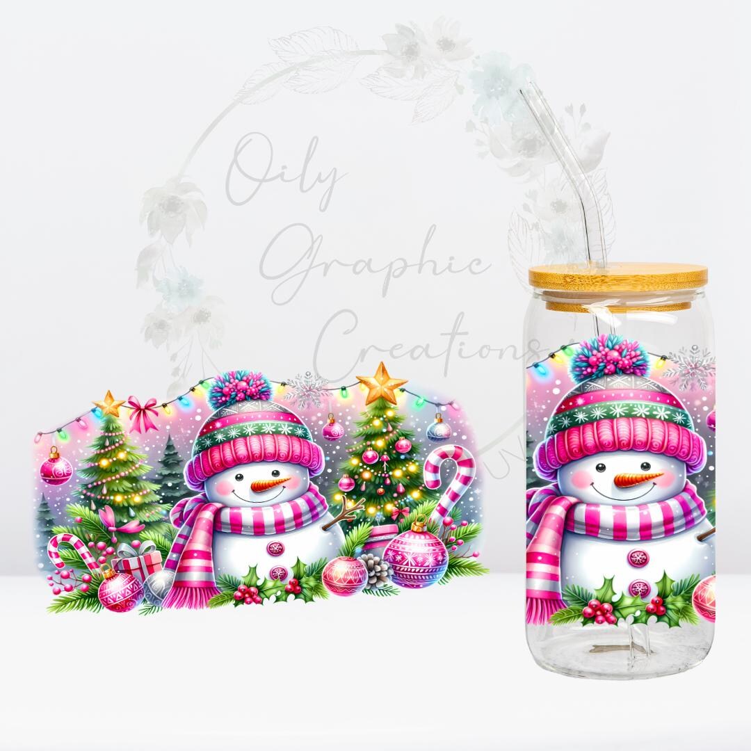 Snowman Pink Scarf UV DTF Wrap, 16oz Glass Can Wrap, Glass Cup ...