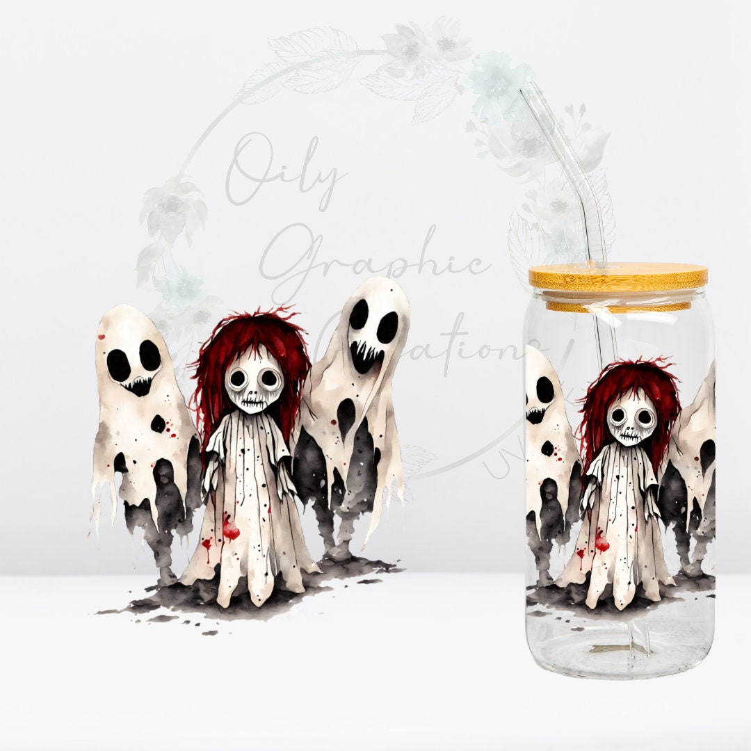 Scary Ghost UV DTF Decal, 16oz Glass Can Decal, Glass Cup, Decal, Wrap ...