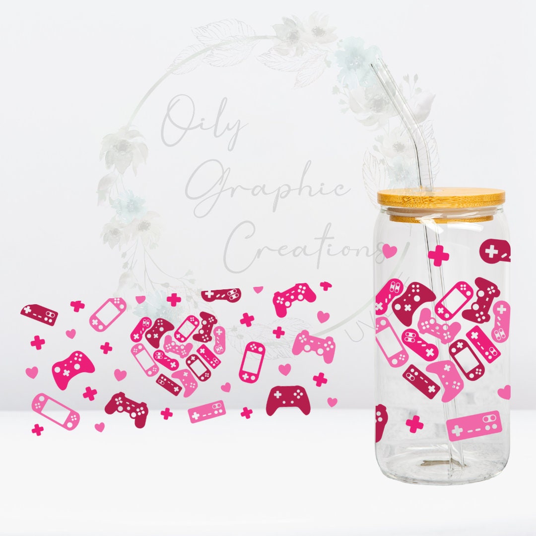 Pink Heart Controllers UV DTF Wrap, 16oz Glass Can Wrap, Glass Cup ...