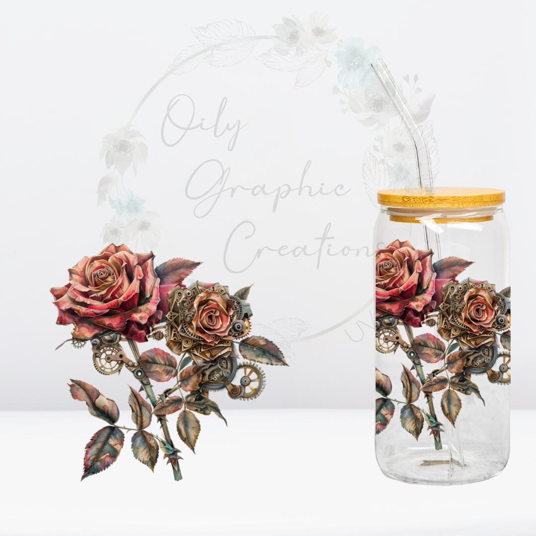 Steampunk Flower UV DTF 4in Decal, 16oz Glass Can Decal, Glass Cup ...