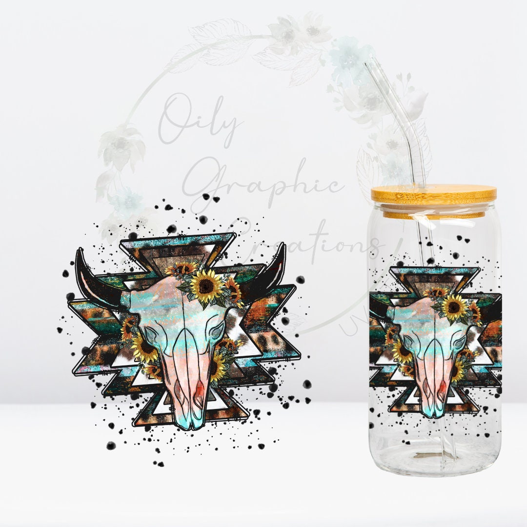 Boho Western Skull UV DTF Decal, 16oz Glass Can Decal, Glass Cup, Decal ...