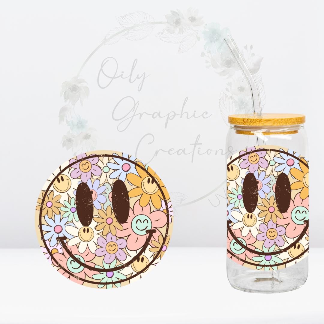 Boho Flower Smile UV DTF 4in Decal, 16oz Glass Can Decal, Glass Cup ...