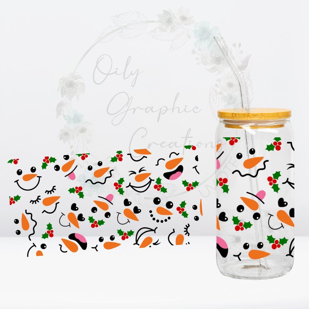 Snowman Faces UV DTF Wrap, 16oz Glass Can Wrap, Glass Cup, Transfer ...
