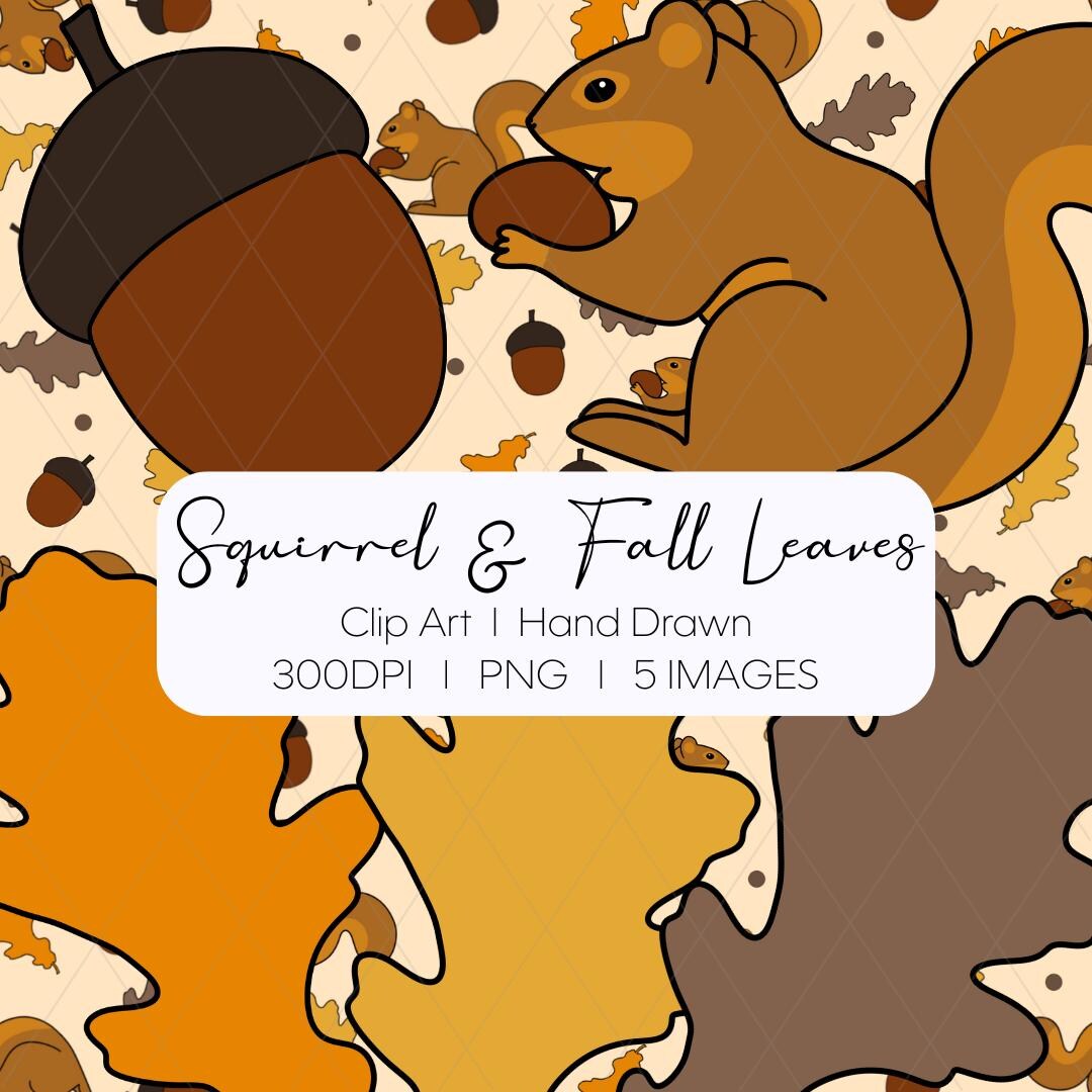 Squirrel & Fall Leaves Clip Art Bundle, Hand Drawn, Images, PNG, Files ...