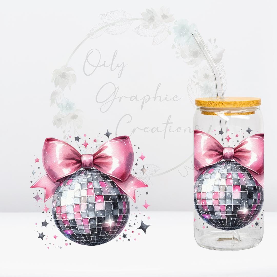 Pink Bow Mirror Ball UV DTF 4in Decal, 16oz Glass Can Decal, Glass Cup ...
