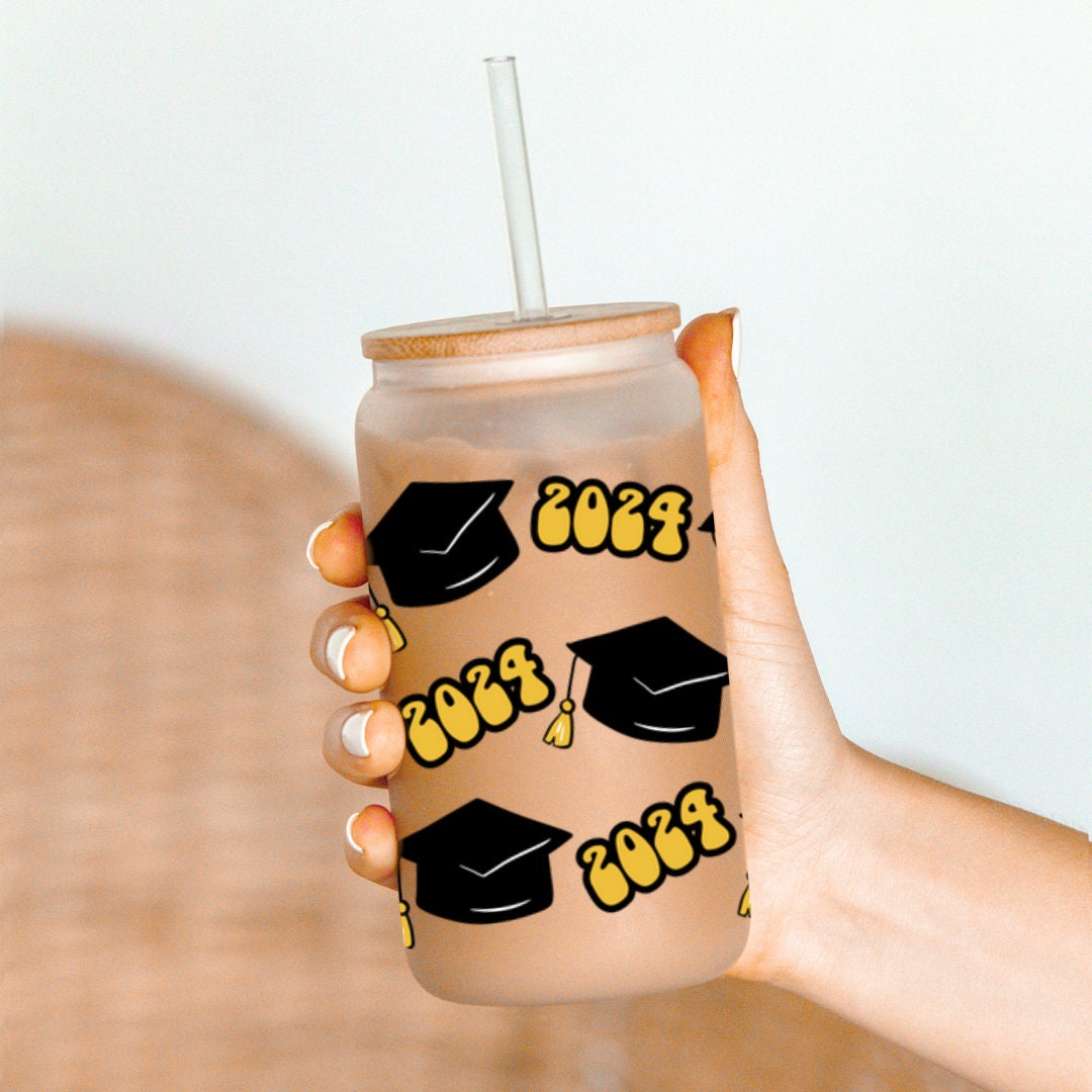 Senior 2024 Caps UV DTF Wrap, 16oz Glass Can Wrap, Glass Cup, Transfer ...