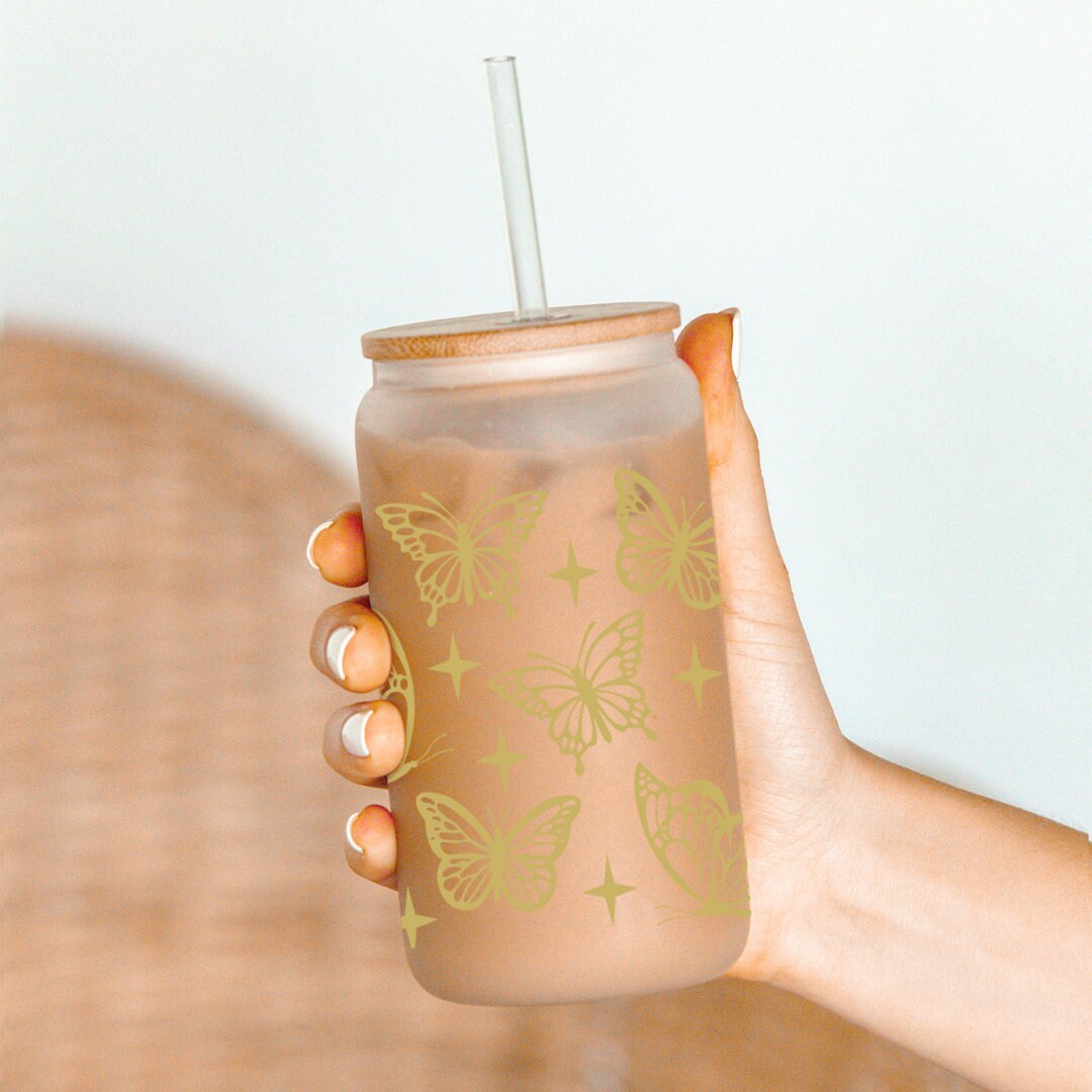 Golden Butterflies UV DTF Wrap 16oz Glass Can Wrap Glass - Etsy
