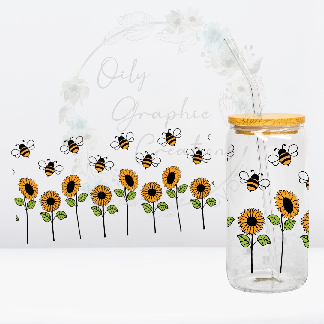 Sunflowers and Bees UV DTF Wrap, 16oz Glass Can Wrap, Glass Cup ...