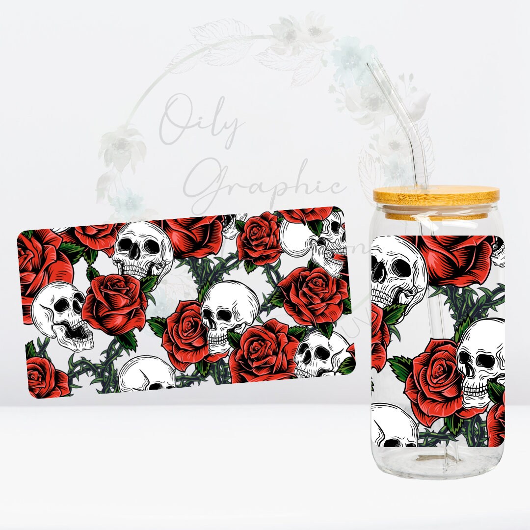 Skulls & Roses UV DTF Wrap, 16oz Glass Can Wrap, Glass Cup, Transfer ...