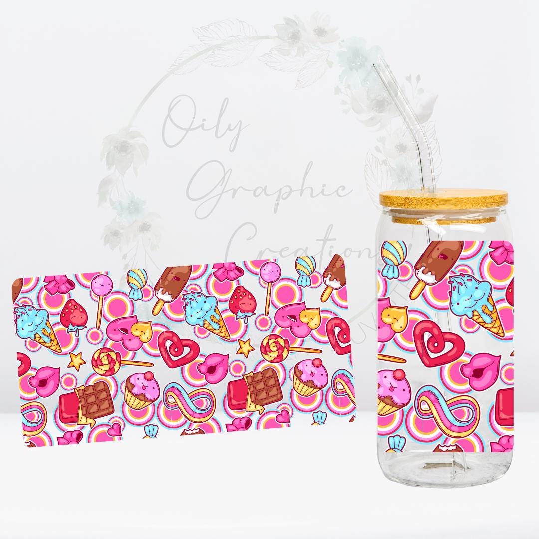 Valentine Sweets UV DTF Wrap, 16oz Glass Can Wrap, Glass Cup, Transfer ...