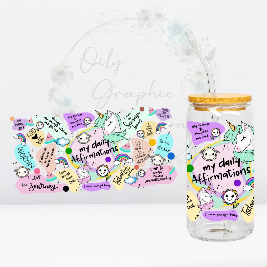 Positive Daily Affirmations UV DTF Wrap, 16oz Glass Can Wrap, Glass Cup ...