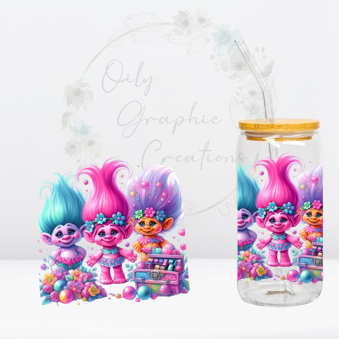 3 Trolls UV DTF 4in Decal, 16oz Glass Can Decal, Glass Cup, Decal, Wrap ...