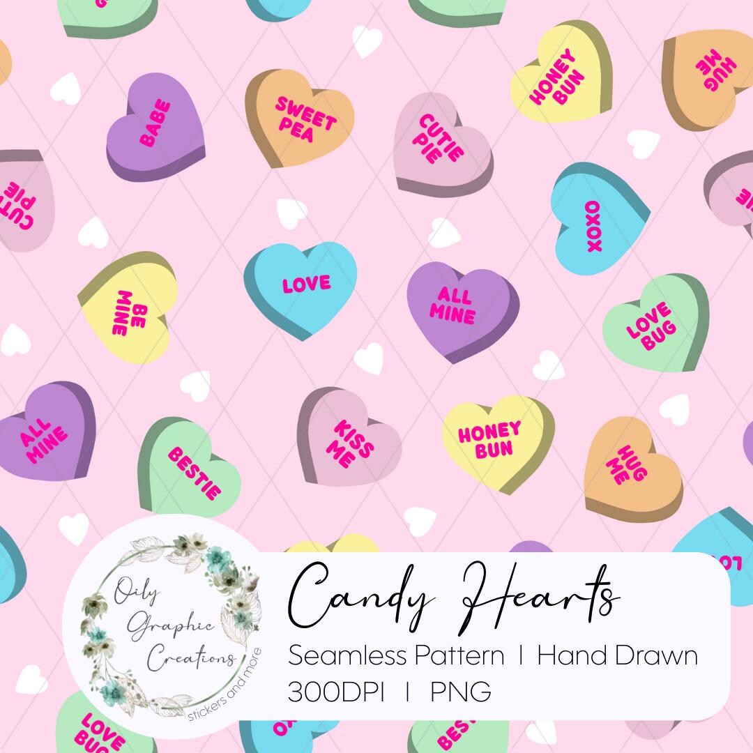 Candy Hearts Hand Drawn Seamless Pattern File, Digital Download, Images ...