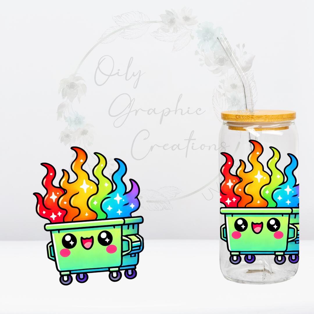 Rainbow Dumpster Fire UV DTF 4in Decal, 16oz Glass Can Decal, Glass Cup ...