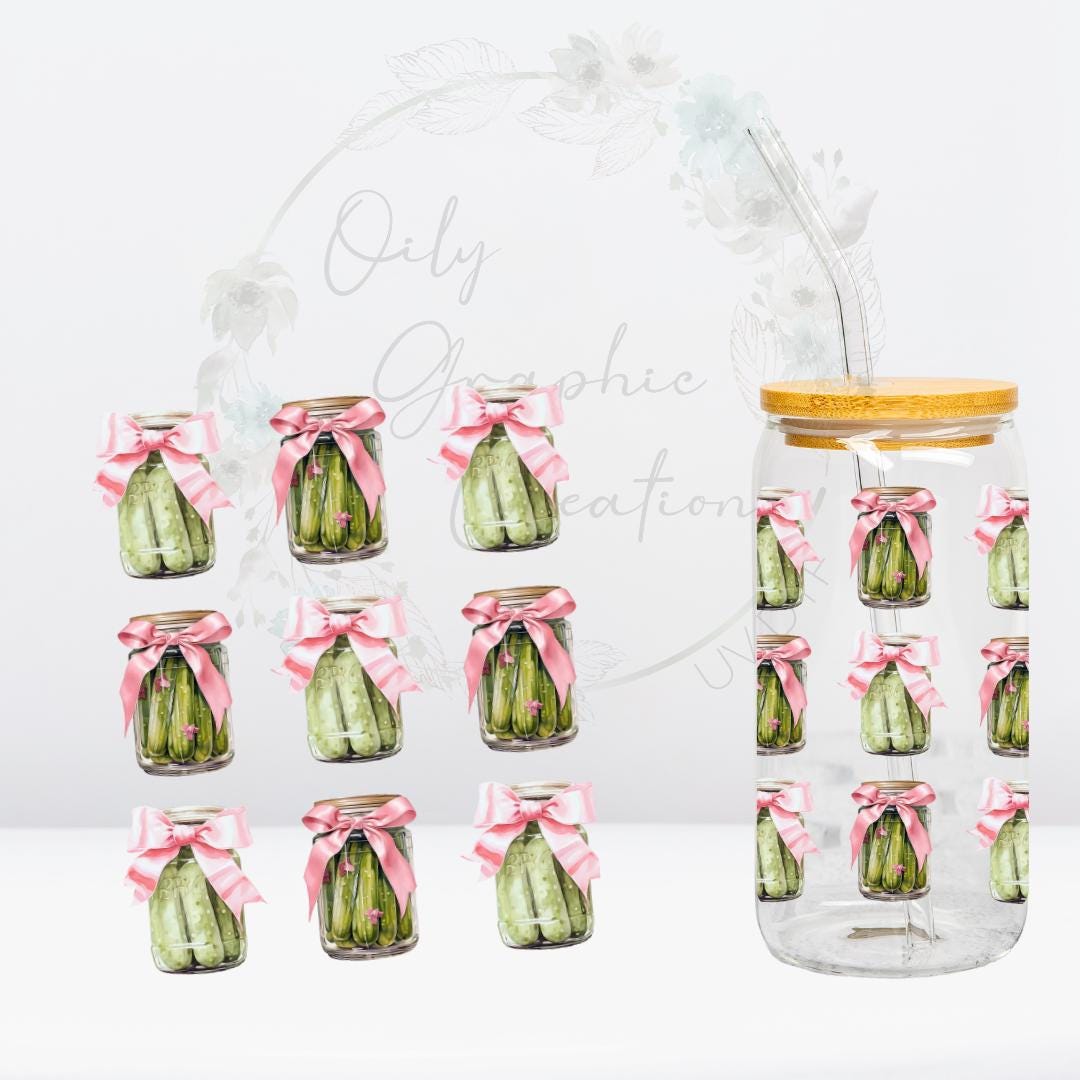 Pickles and Bows UV DTF 4in Decal, 16oz Glass Can Decal, Glass Cup ...