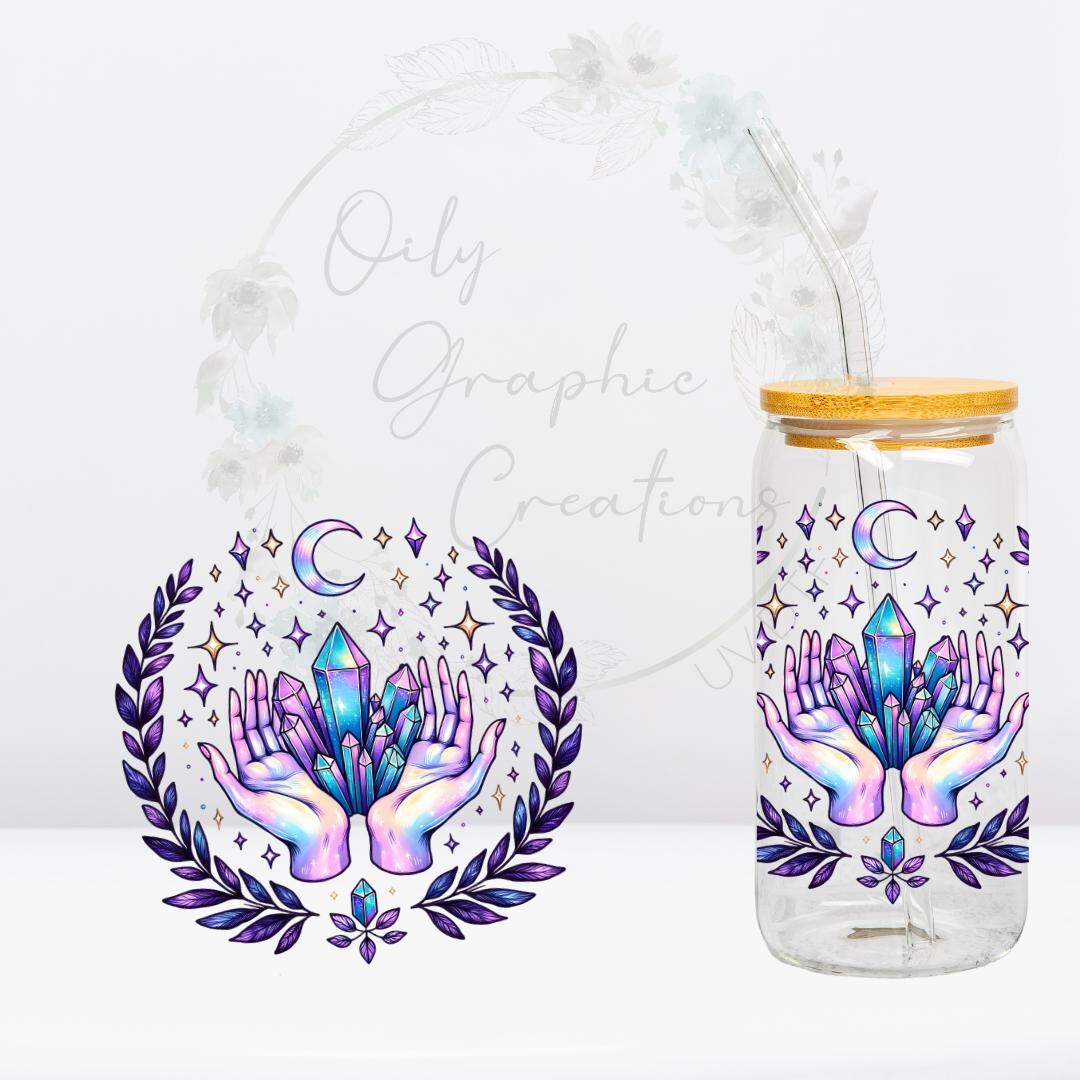 Crystals in Hands UV DTF 4in Decal, 16oz Glass Can Decal, Glass Cup ...