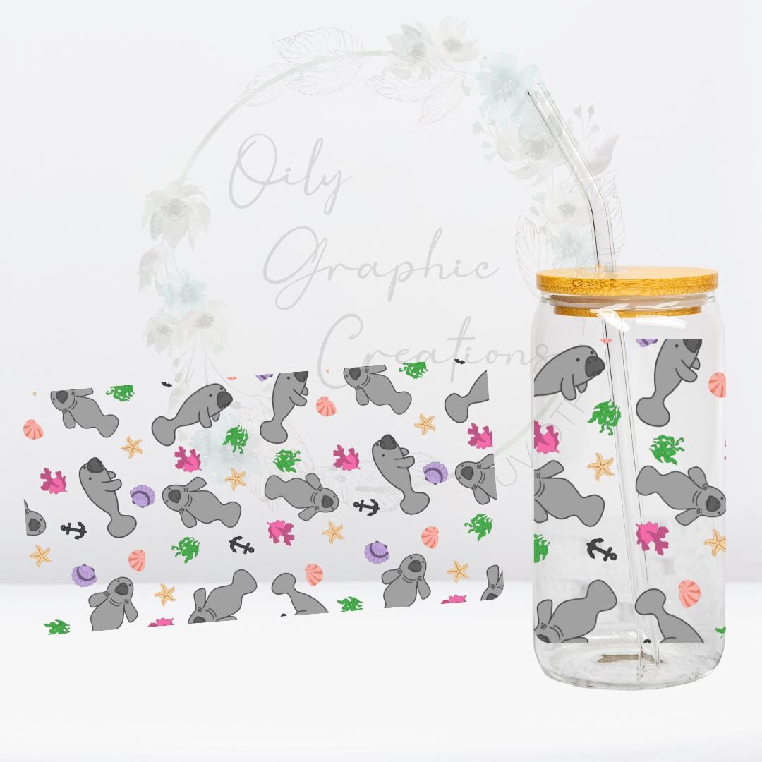 Manatee Friends UV DTF Wrap, 16oz Glass Can Wrap, Glass Cup, Transfer ...