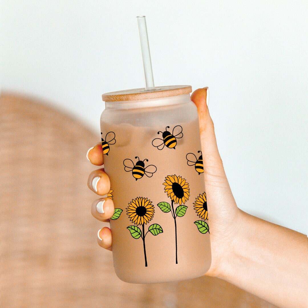 Sunflowers and Bees UV DTF Wrap, 16oz Glass Can Wrap, Glass Cup ...