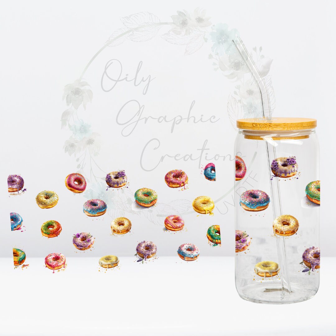 Colorful Donuts UV DTF Wrap, 16oz Glass Can Wrap, Glass Cup, Transfer ...