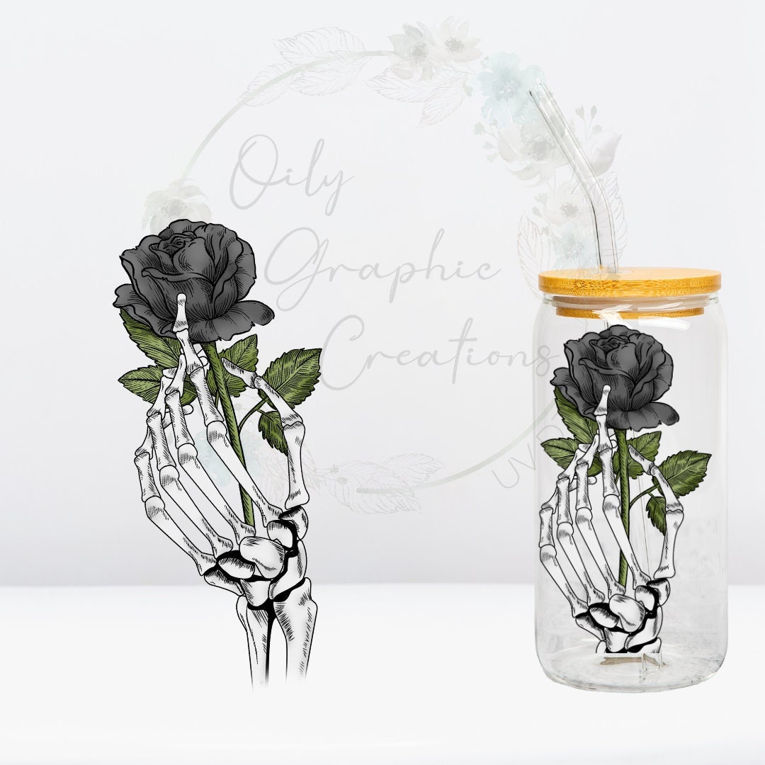 Skeleton Hand and Flower UV DTF Decal, 16oz Glass Can Decal, Glass Cup ...
