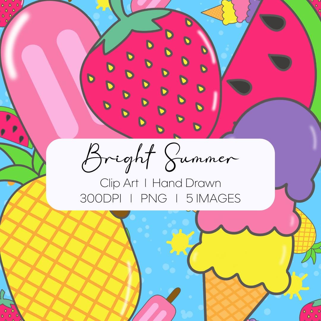 Bright Summer Clip Art Bundle, Hand Drawn, Images, PNG, Files, Digital ...