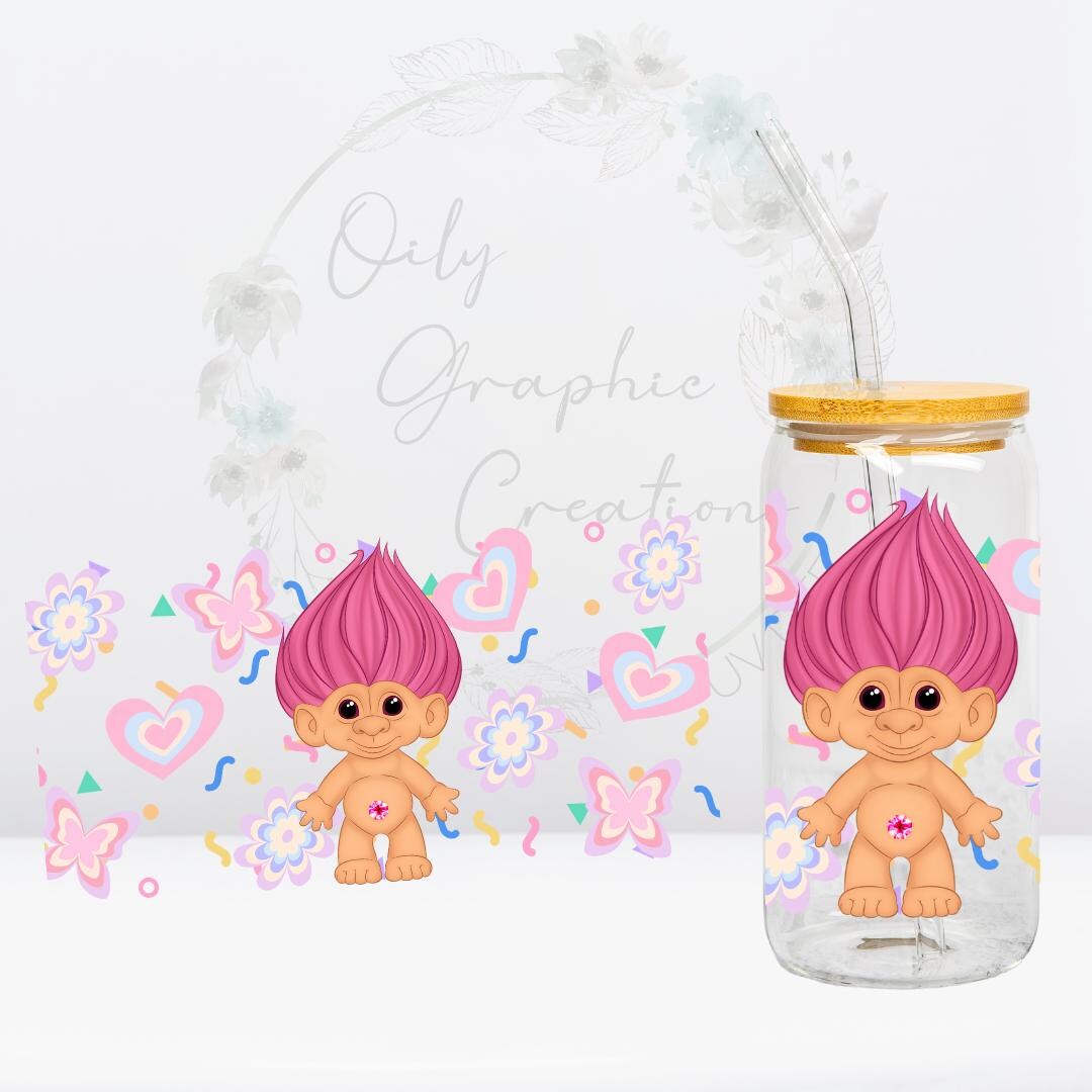 Cute Troll UV DTF Wrap, 16oz Glass Can Wrap, Glass Cup, Transfer, Wrap ...