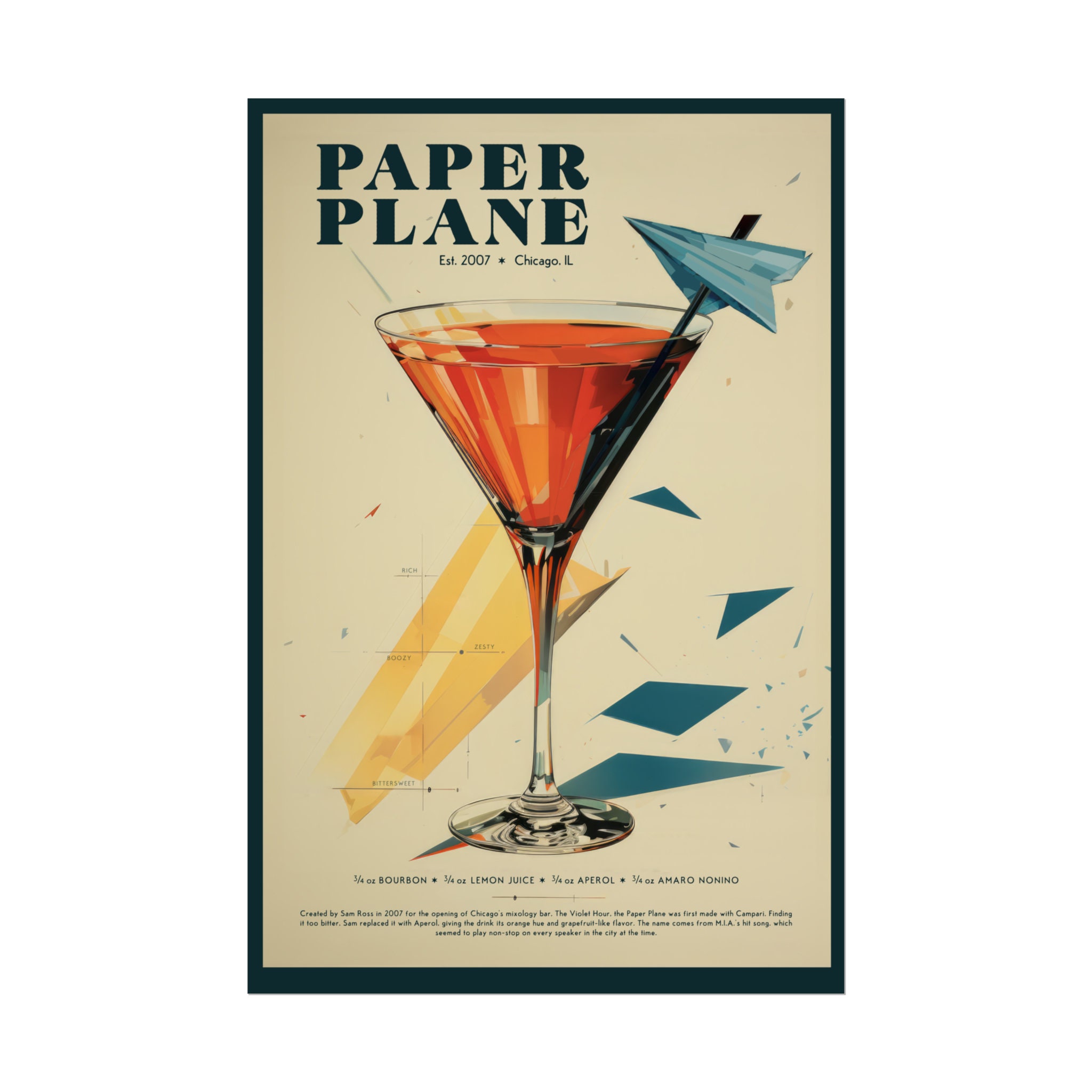 Paper Plane Cocktail Recipe Poster Various Sizes: 11x14, 11x17, 12x18 ...